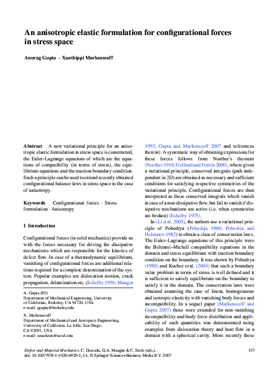(PDF) An anisotropic elastic formulation for configurational forces in stress space