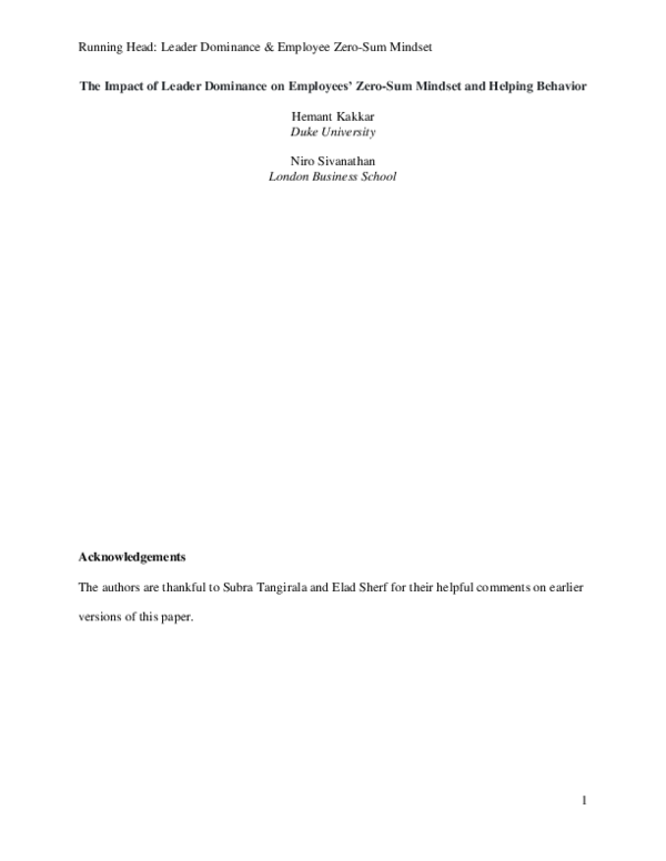 (PDF) The impact of leader dominance on employees’ zero-sum mindset and ...