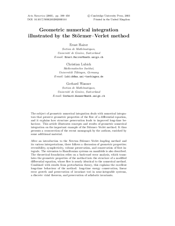 (PDF) Geometric numerical integration illustrated by the Störmer–Verlet ...