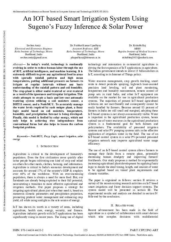 (PDF) An IOT based Smart Irrigation System Using Sugeno's Fuzzy Inference & Solar Power
