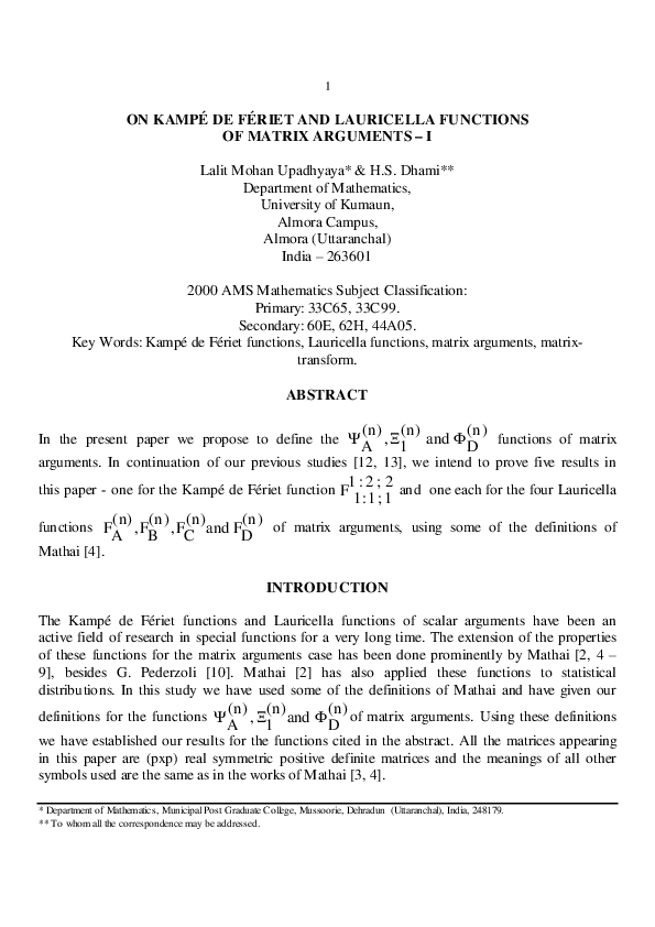 (PDF) On Kampé de Fériet and Lauricella Functions of Matrix Arguments-I ...
