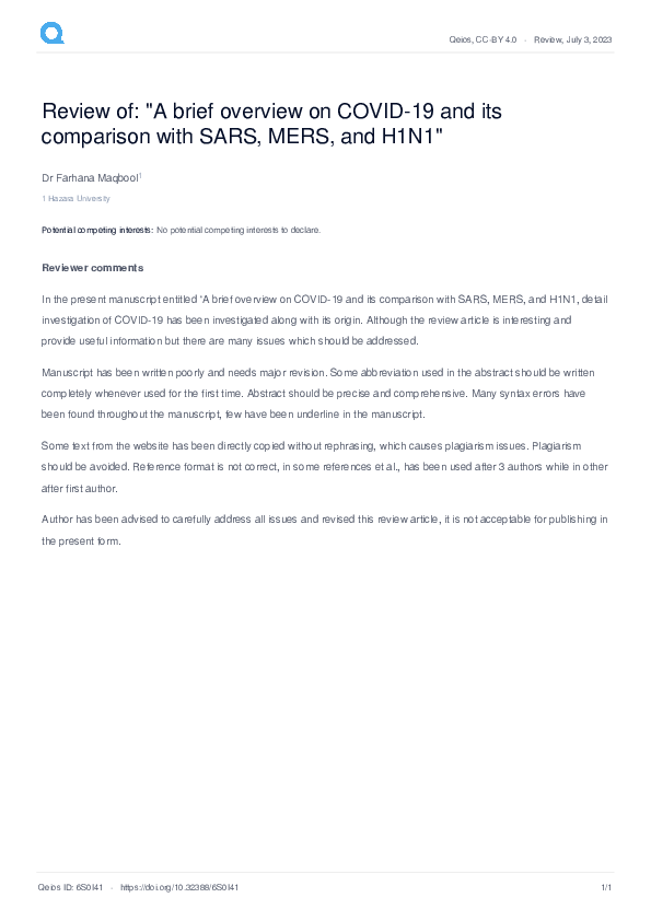 (PDF) Review of: "A brief overview on COVID-19 and its comparison with SARS, MERS, and H1N1