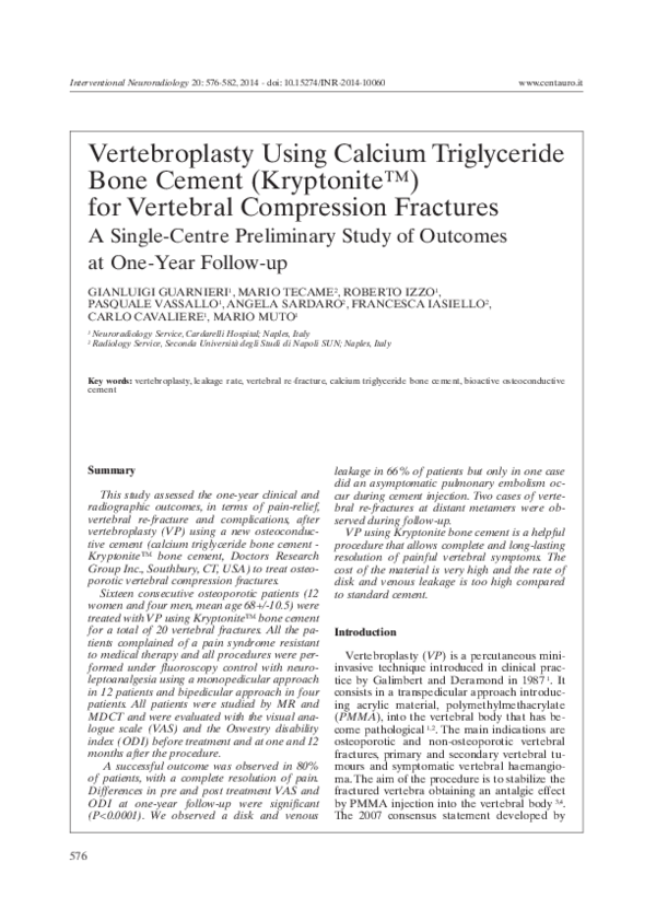 (PDF) Vertebroplasty Using Calcium Triglyceride Bone Cement (Kryptonite ...