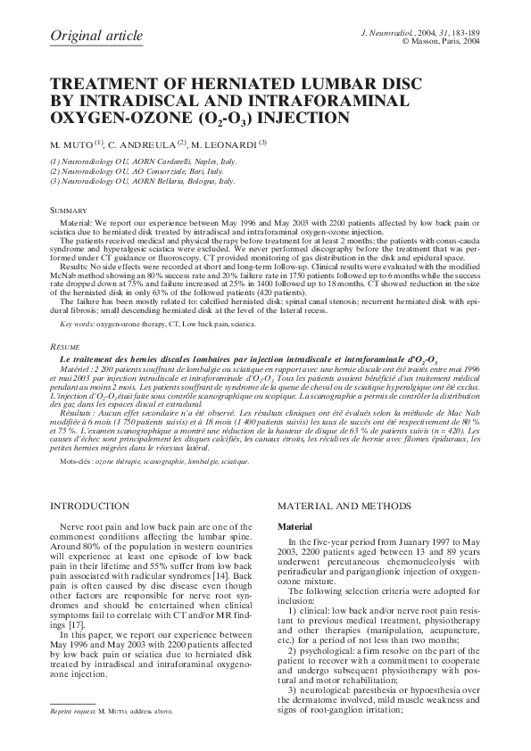 (PDF) Treatment of herniated lumbar disc by intradiscal and ...