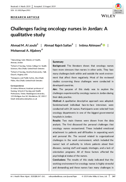 (PDF) Challenges facing oncology nurses in Jordan: A qualitative study
