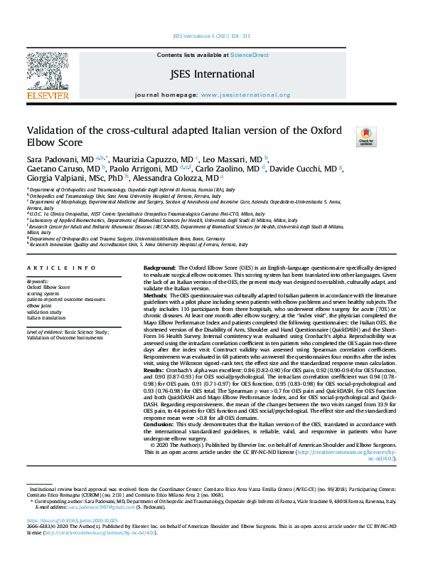 (PDF) Validation of the cross-cultural adapted Italian version of the Oxford Elbow Score