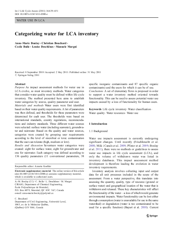(PDF) Categorizing water for LCA inventory