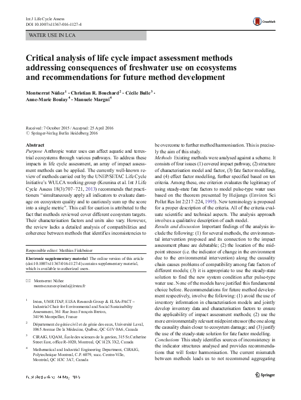 (PDF) Critical analysis of life cycle impact assessment methods ...