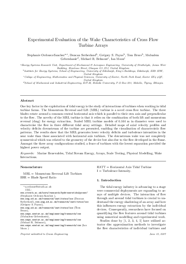 (PDF) Experimental evaluation of the wake characteristics of cross flow turbine arrays