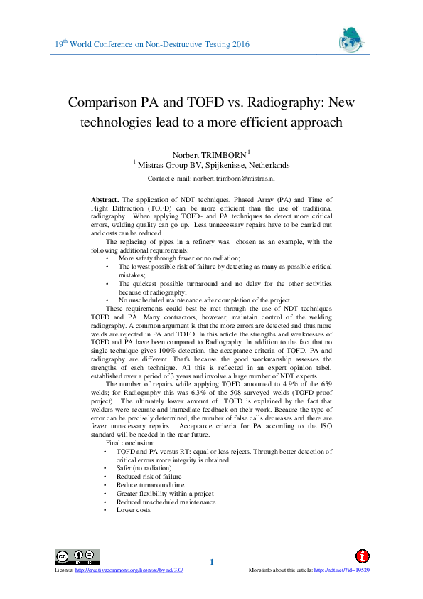 (PDF) Comparison PA and TOFD vs. Radiography: New technologies lead to a more efficient approach