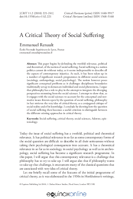(PDF) A Critical Theory of Social Suffering