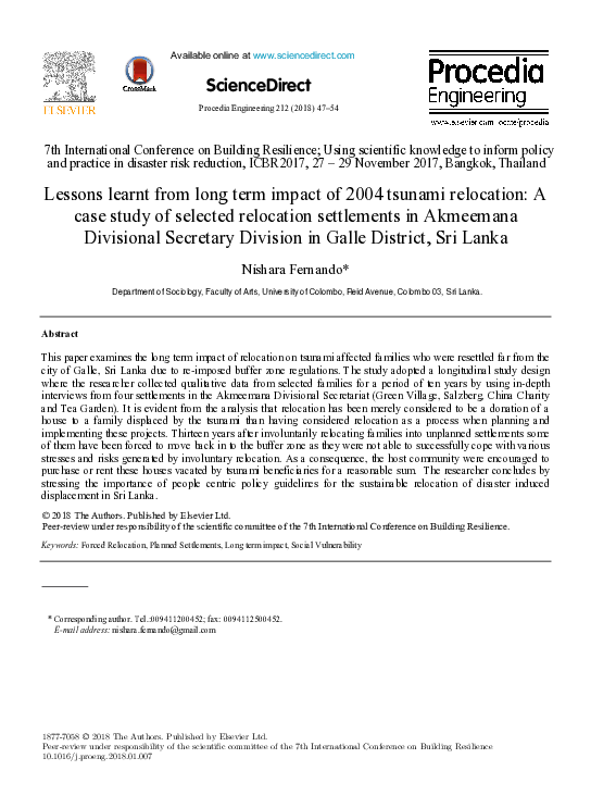 (PDF) Lessons learnt from long term impact of 2004 tsunami relocation: A case study of selected ...
