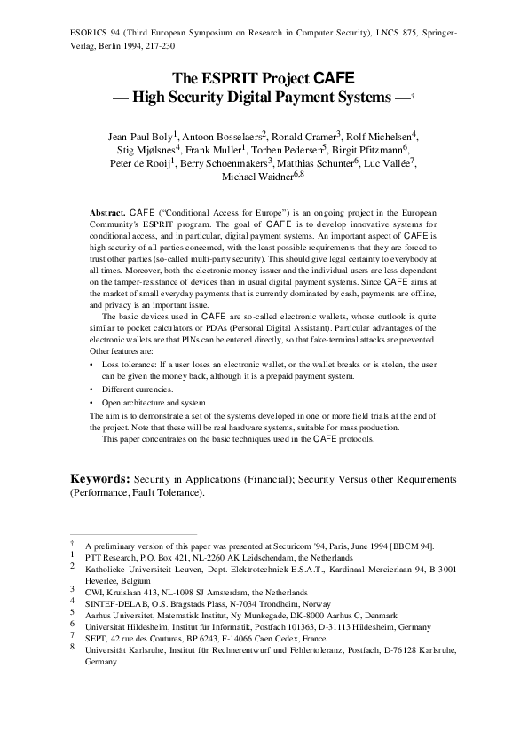(PDF) The ESPRIT project CAFE —High security digital payment systems