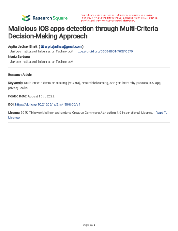 (PDF) Malicious iOS apps detection through Multi-Criteria Decision-Making Approach