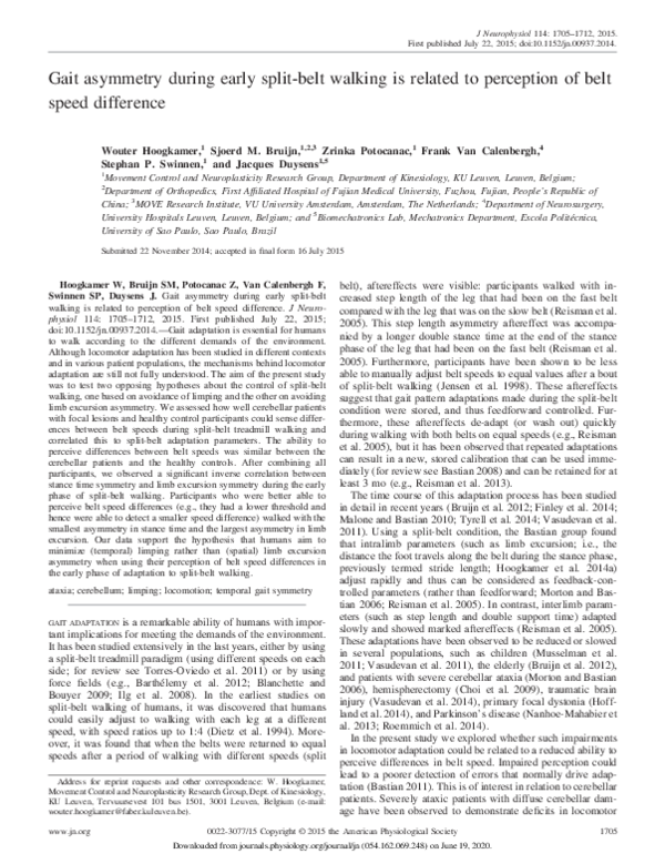 (PDF) Gait asymmetry during early split-belt walking is related to ...