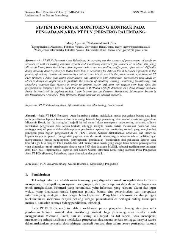 (PDF) SISTEM INFORMASI MONITORING KONTRAK PADA PENGADAAN AREA PT PLN (persero) PALEMBANG