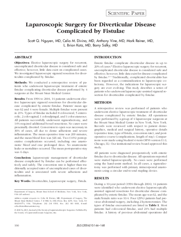 (PDF) Laparoscopic surgery for diverticular disease complicated by fistulae
