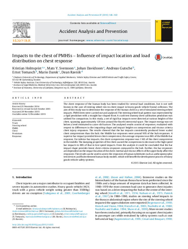 (PDF) Impacts to the chest of PMHSs - Influence of impact location and ...