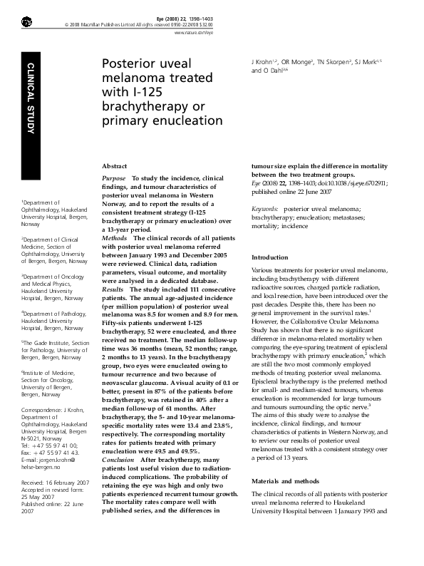 (PDF) Posterior uveal melanoma treated with I-125 brachytherapy or ...