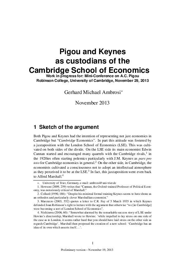(PDF) Pigou and Keynes as custodians of the Cambridge School of Economics