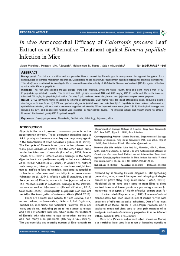 (PDF) In vivo Anticoccidial Efficacy of Calotropis procera Leaf Extract ...