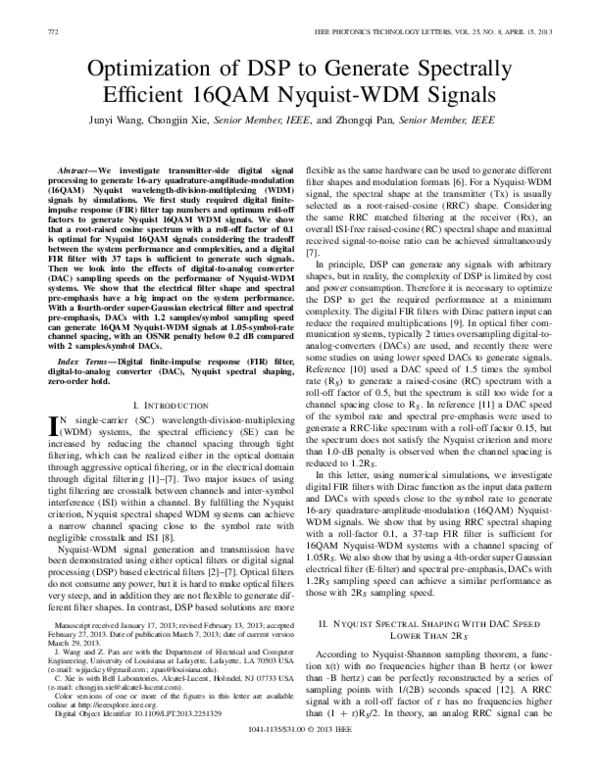 (PDF) Optimization of DSP to Generate Spectrally Efficient 16QAM Nyquist-WDM Signals