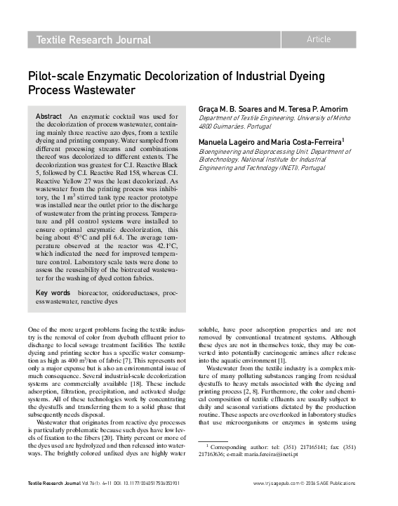 (PDF) Pilot-scale Enzymatic Decolorization of Industrial Dyeing Process ...