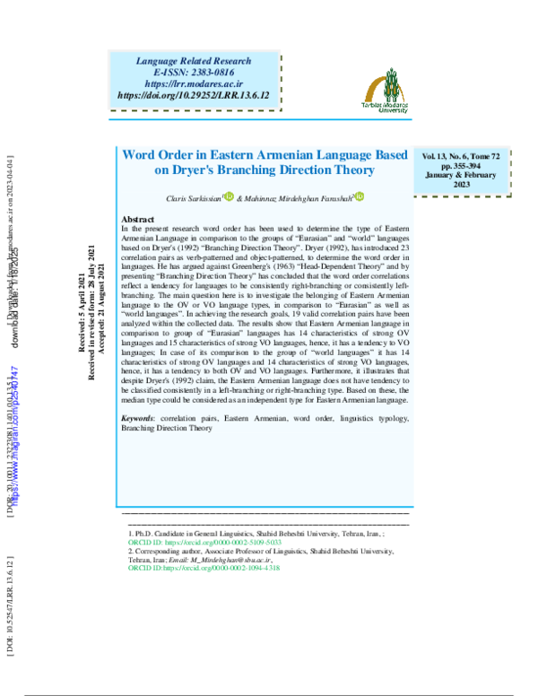 (PDF) Word Order in Eastern Armenian Language Based on Dryer's ...