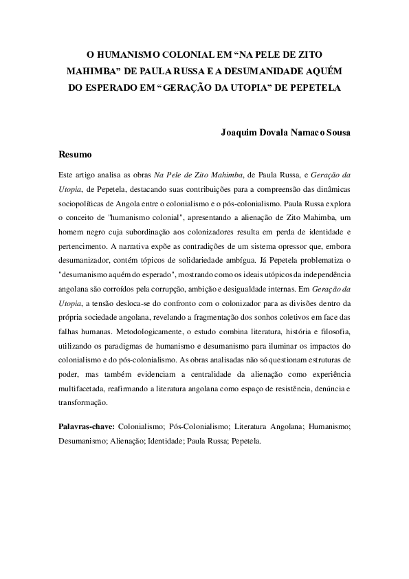 (PDF) O HUMANISMO COLONIAL EM "NA PELE DE ZITO MAHIMBA" DE PAULA RUSSA ...