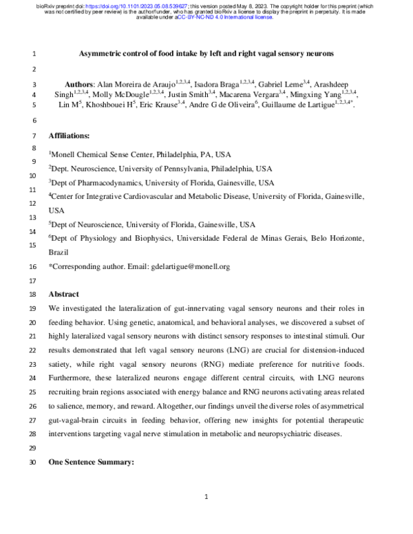 (PDF) Asymmetric control of food intake by left and right vagal sensory ...