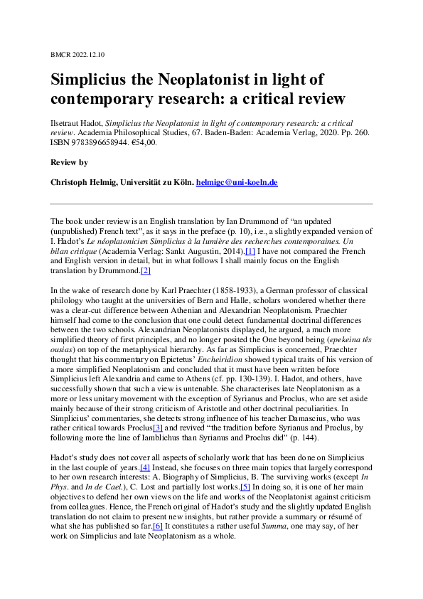 (PDF) Simplicius the Neoplatonist in light of contemporary research: a ...