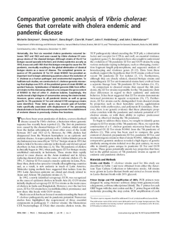 (PDF) Comparative genomic analysis of Vibrio cholerae : Genes that correlate with cholera ...