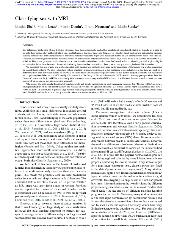 Pdf Classifying Sex With Mri