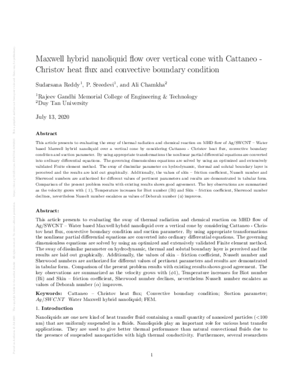 (PDF) Maxwell hybrid nanoliquid flow over vertical cone with Cattaneo - Christov heat flux and ...