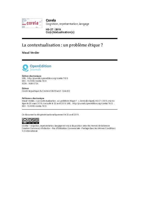 (PDF) La contextualisation : un problème étique