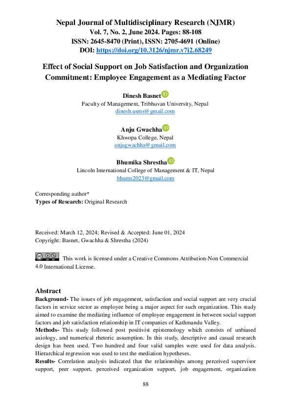 (PDF) Effect of Social Support on Job Satisfaction and Organization ...