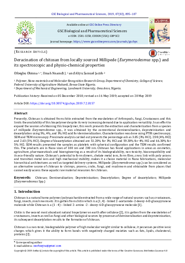 (PDF) Deracination of chitosan from locally sourced Millipede ...