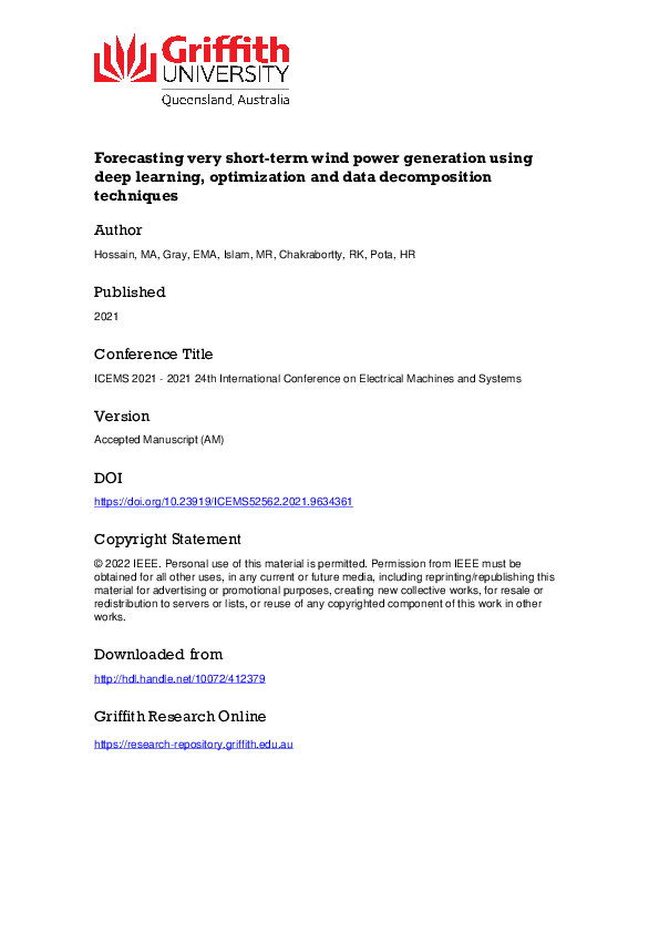 (PDF) Forecasting very short-term wind power generation using deep learning, optimization and ...