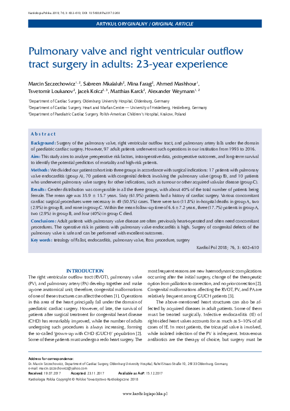 (PDF) Pulmonary valve and right ventricular outflow tract surgery in ...