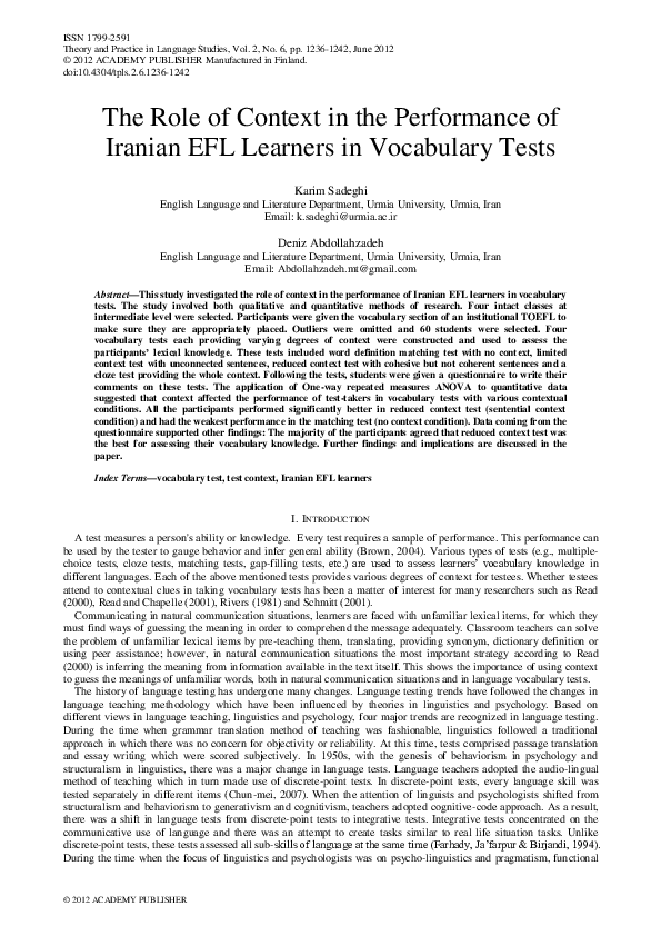 (PDF) The Role of Context in the Performance of Iranian EFL Learners in ...