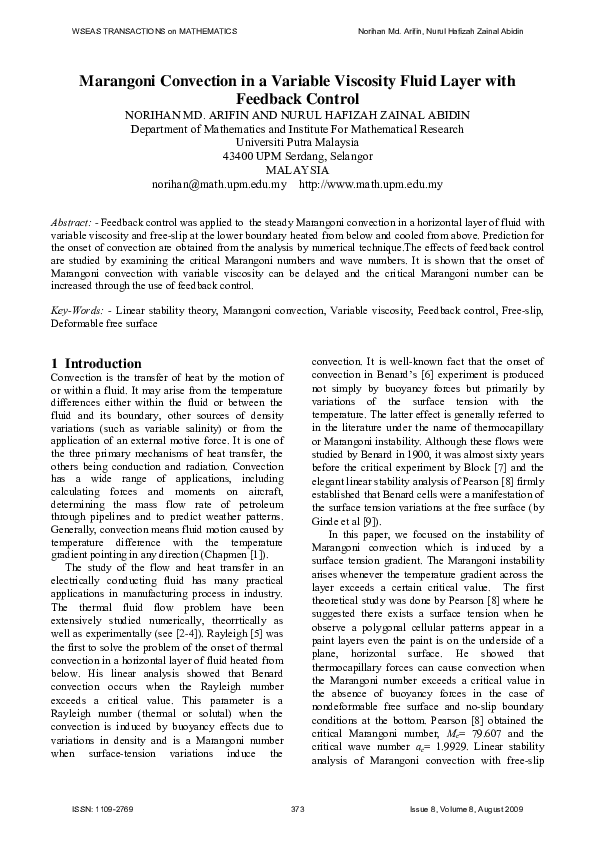 (PDF) Marangoni Convection in a Variable Viscosity Fluid Layer with Feedback Control