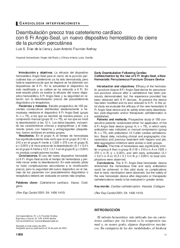 (PDF) Deambulación precoz tras cateterismo cardíaco con 6 Fr Angio-Seal ...