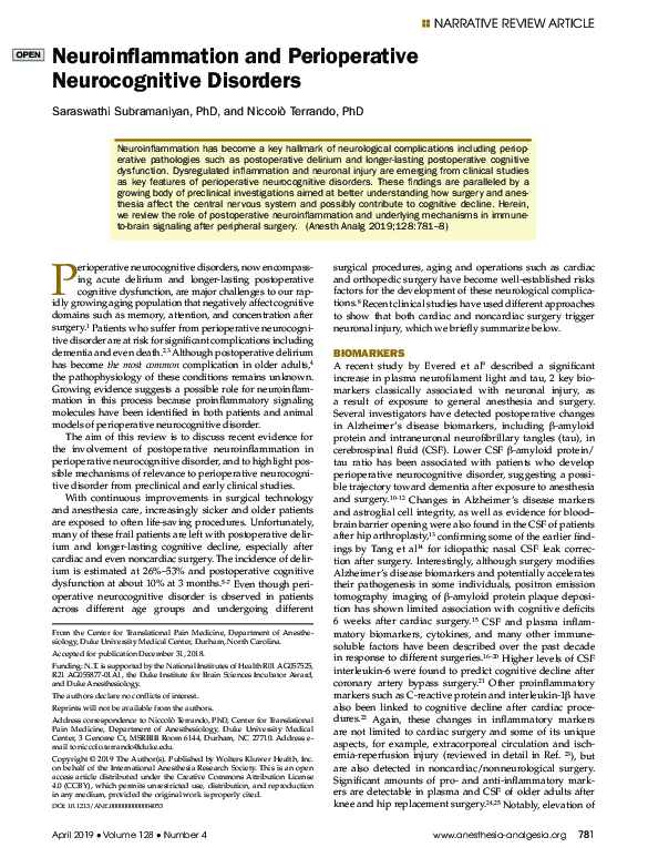(PDF) Neuroinflammation and Perioperative Neurocognitive Disorders