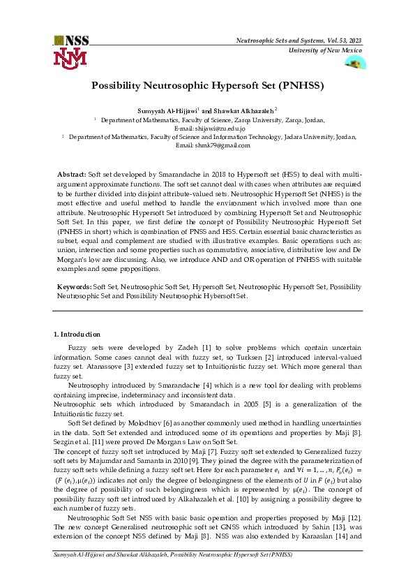 Pdf Possibility Neutrosophic Hypersoft Set Pnhss