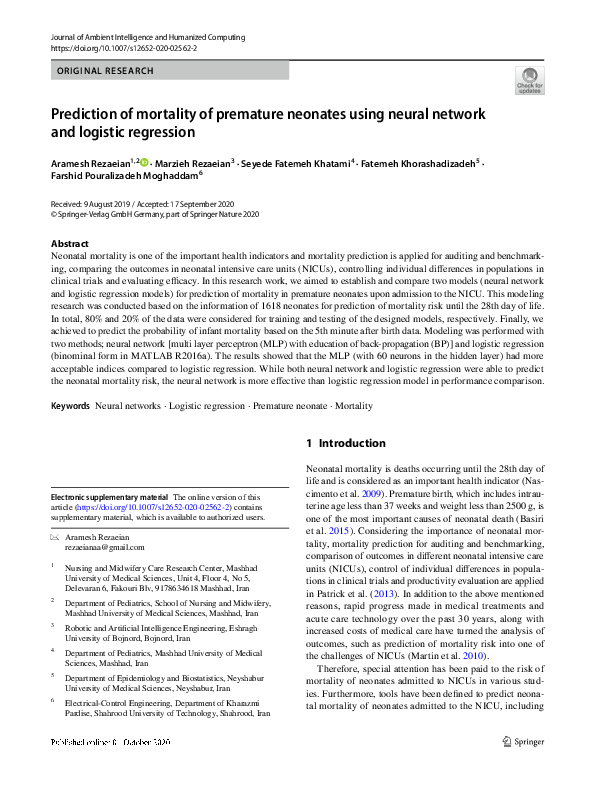 (PDF) Prediction of mortality of premature neonates using neural ...