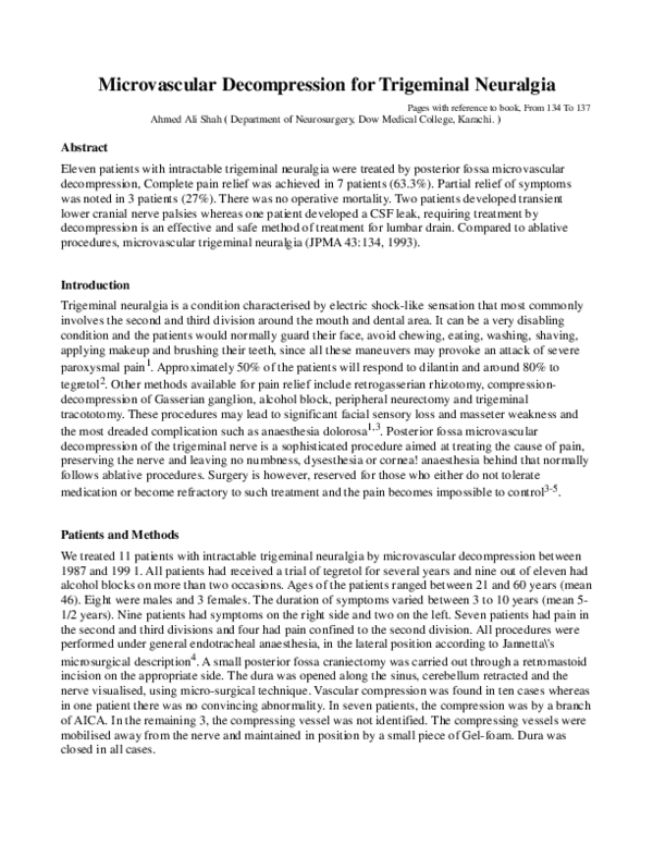 (PDF) Microvascular decompression for trigeminal neuralgia