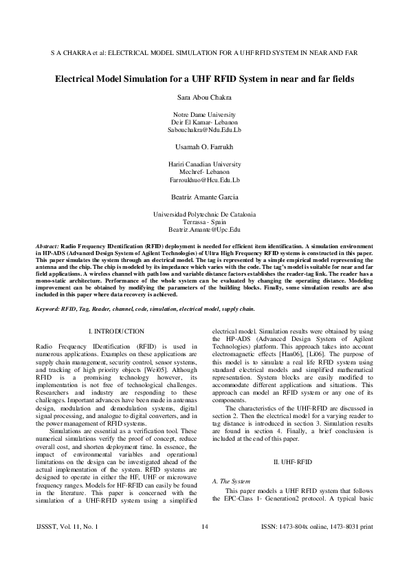 Pdf Electrical Model Simulation For A Uhf Rfid System