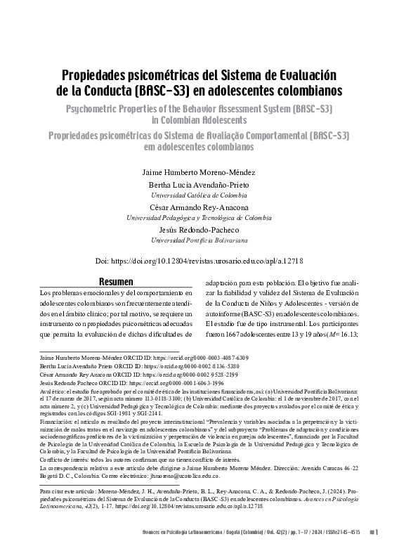 (PDF) Propiedades psicométricas del Sistema de Evaluación de la Conducta (BASC-S3) en ...