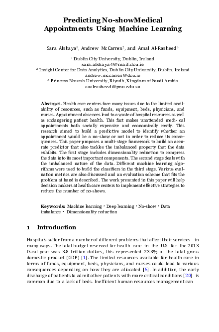 (PDF) Predicting No-show Medical Appointments Using Machine Learning