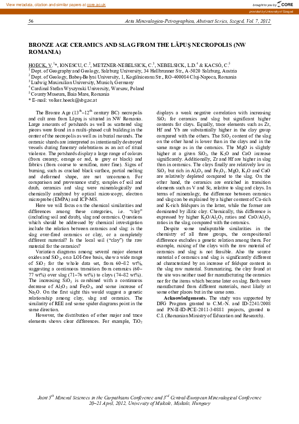 (PDF) Bronze Age Ceramics and Slag from the Lăpuş Necropolis (NW Romania)